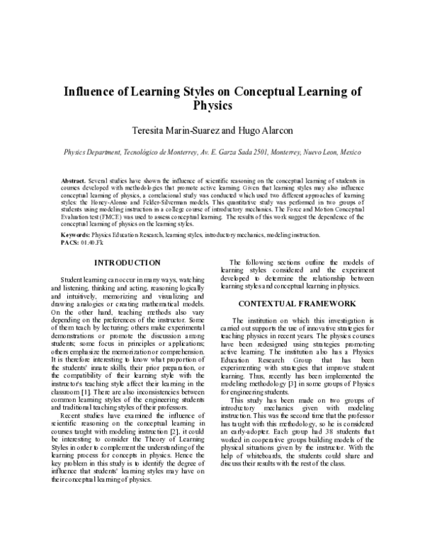 (PDF) Influence of Learning Styles on Conceptual Learning of Physics | Hugo Alarcon - Academia.edu