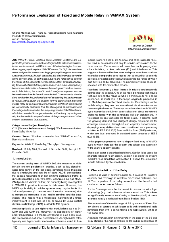 Pdf Performance Evaluation Of Fixed And Mobile Relay In Wimax System
