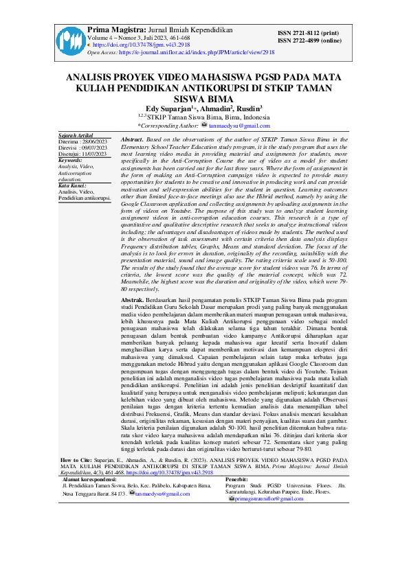 (PDF) Analisis Proyek Video Mahasiswa PGSD Pada Mata Kuliah Pendidikan Antikorupsi DI Stkip ...