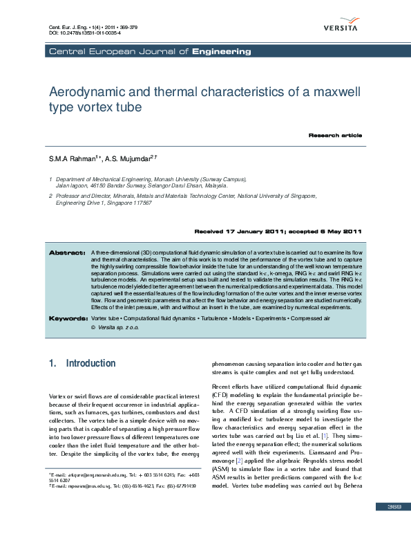 (PDF) Aerodynamic and thermal characteristics of a maxwell type vortex tube
