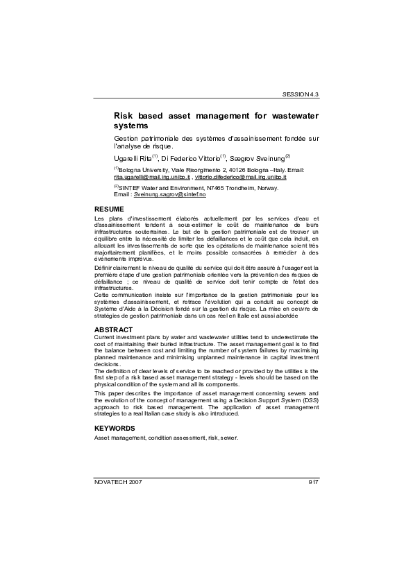 (PDF) Risk based asset management for wastewater systems