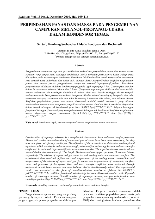 (PDF) Perpindahan Panas Dan Massa Pada Pengembunan Campuran Metanol ...