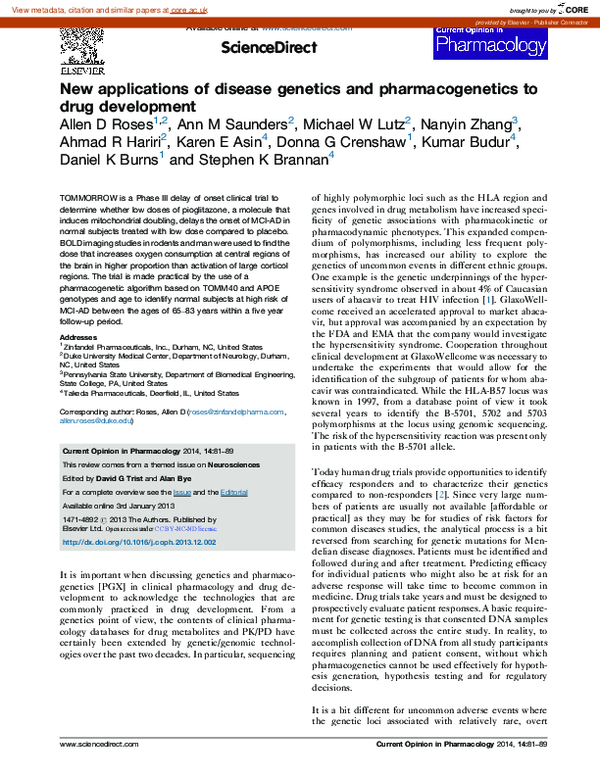 (PDF) New applications of disease genetics and pharmacogenetics to drug ...