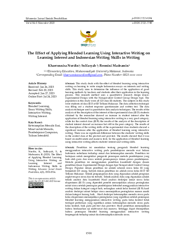 Pdf The Effect Of Applying Blended Learning Using Interactive Writing On Learning Interest And