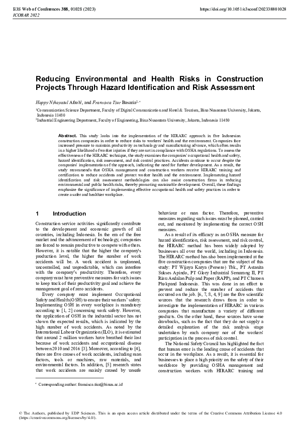 (PDF) Reducing Environmental and Health Risks in Construction Projects Through Hazard ...