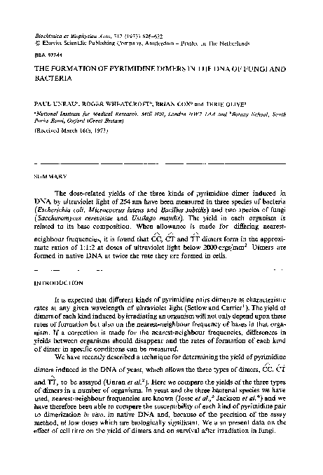 (PDF) The formation of pyrimidine dimers in the DNA of fungi and bacteria