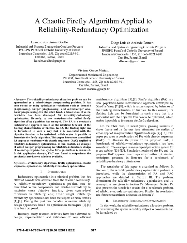 (PDF) A chaotic firefly algorithm applied to reliability-redundancy optimization