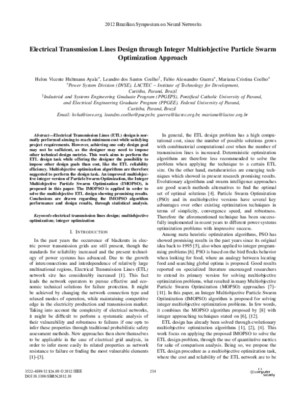 Pdf Electrical Transmission Lines Design Through Integer Multiobjective Particle Swarm