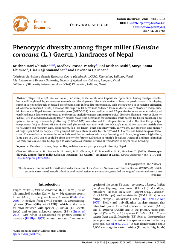 (PDF) Phenotypic diversity among finger millet (Eleusine coracana (L ...