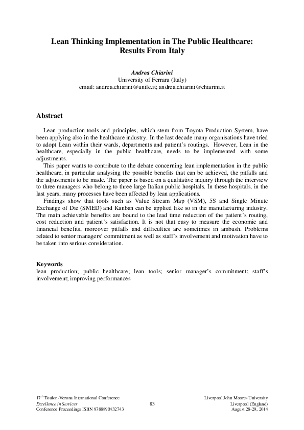 (PDF) Lean Thinking Implementation in The Public Healthcare: Results From Italy