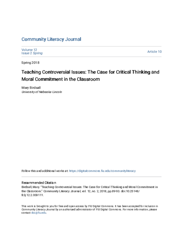 (PDF) Teaching Controversial Issues: The Case for Critical Thinking and ...