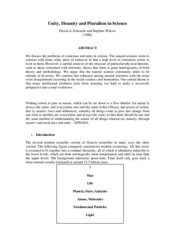 (PDF) Unity, Disunity and Pluralism in Science