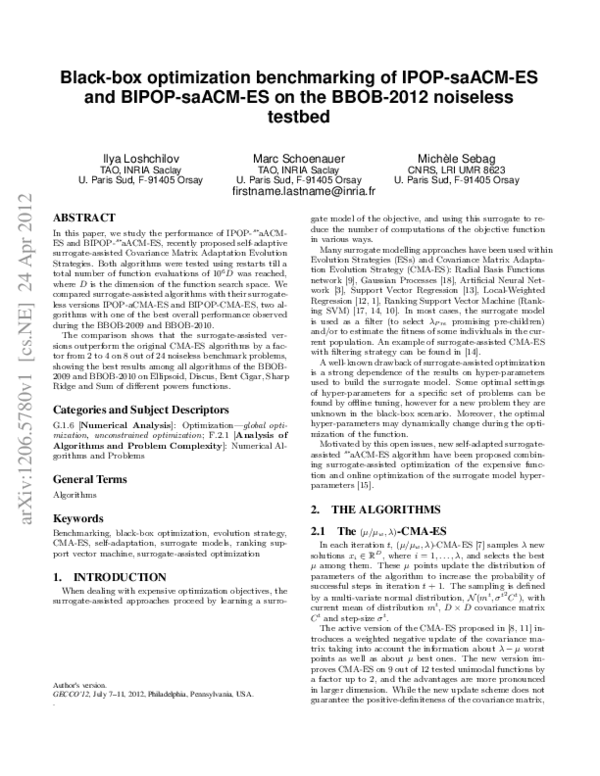 Pdf Black Box Optimization Benchmarking Of Ipop Saacm Es On The Bbob 2012 Noisy Testbed