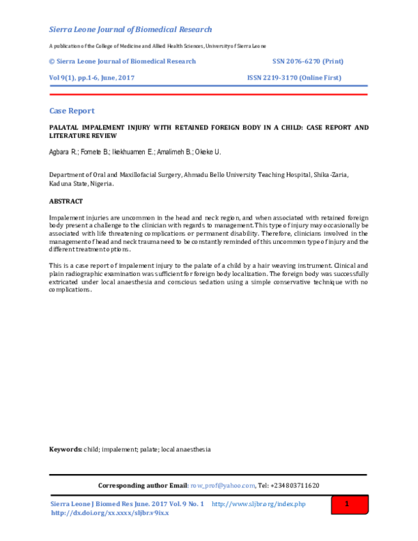(PDF) Palatal Impalement Injury With Retained Foreign Body in a Child ...