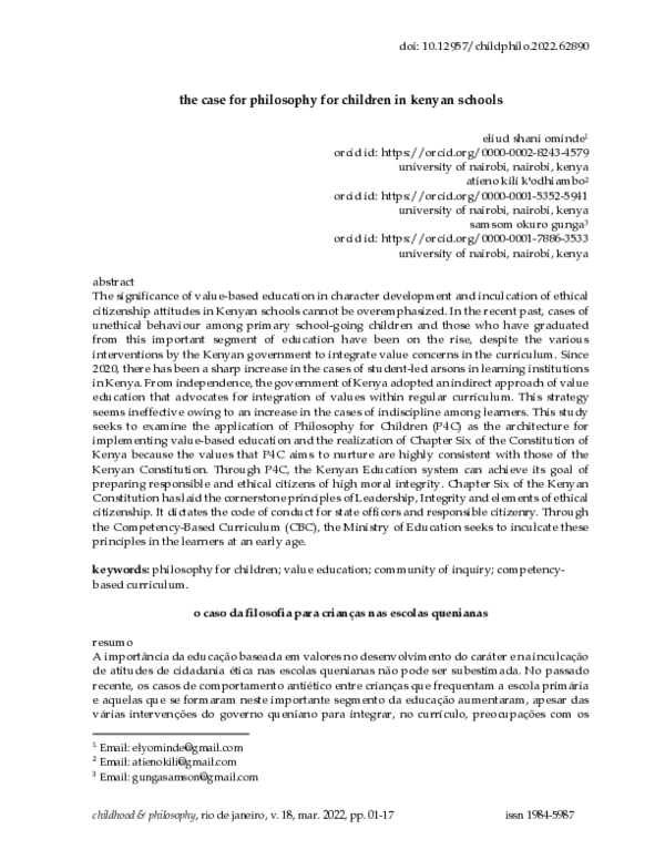 (PDF) THE CASE OF PHILOSOPHY FOR CHILDREN IN KENYAN SCHOOLS