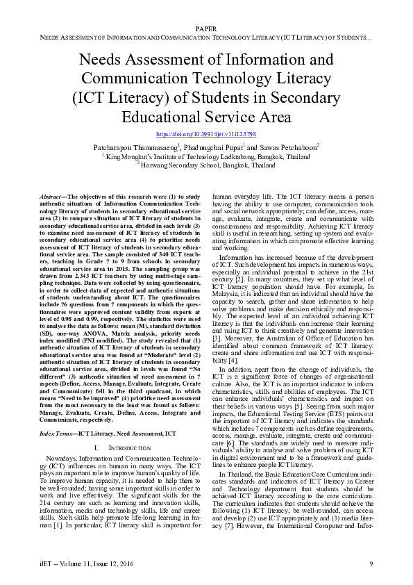 (PDF) Needs Assessment of Information and Communication Technology Literacy (ICT Literacy) of ...
