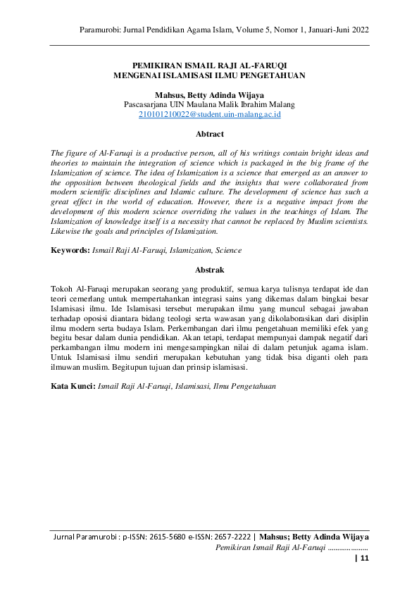 (PDF) Pemikiran Ismail Raji Al-Faruqi Mengenai Islamisasi Ilmu Pengetahuan