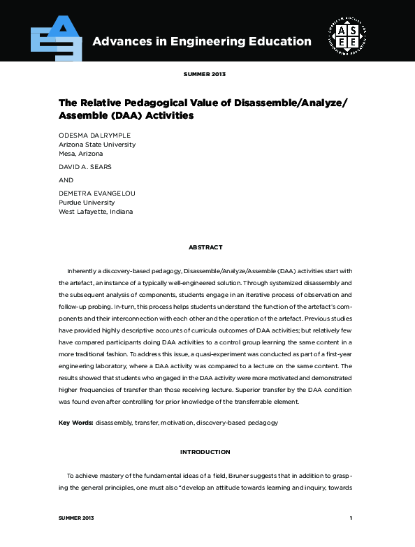 (PDF) The Relative Pedagogical Value of Disassemble/Analyze/Assemble (DAA) Activities
