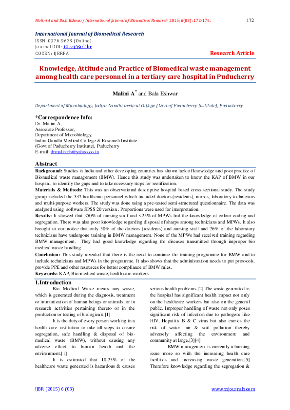 (PDF) Knowledge, Attitude and Practice of Biomedical waste management among health care ...