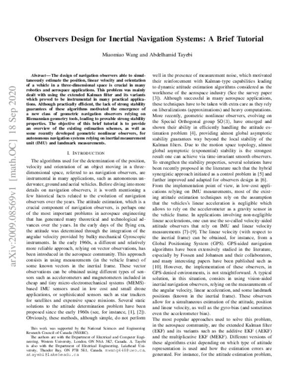 Pdf Observers Design For Inertial Navigation Systems A Brief Tutorial