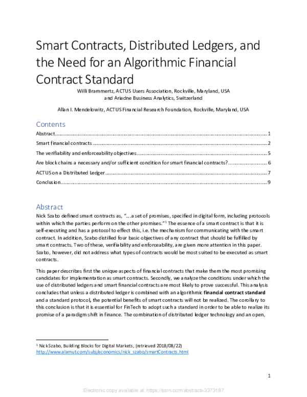 (PDF) Smart Contracts, Distributed Ledgers, and the Need for an Algorithmic Financial Contract ...