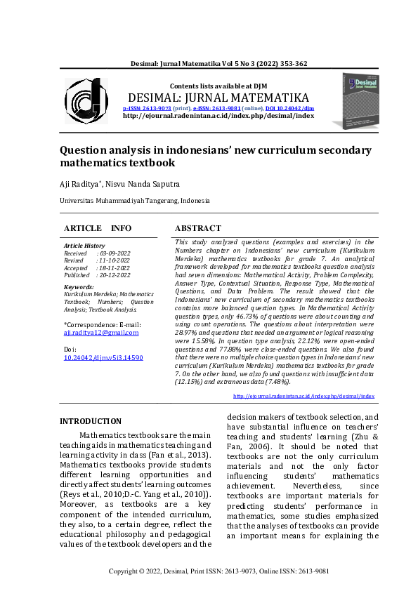 Pdf Question Analysis In Indonesians New Curriculum Secondary Mathematics Textbook