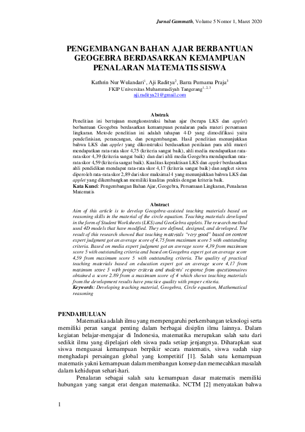 (PDF) Pengembangan Bahan Ajar Berbantuan Geogebra Berdasarkan Kemampuan Penalaran Matematis Siswa