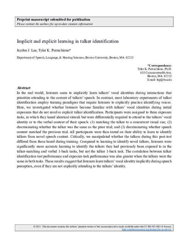 (PDF) Implicit and explicit learning in talker identification