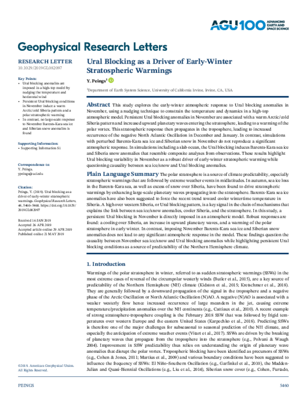 (PDF) Ural Blocking as a Driver of Early‐Winter Stratospheric Warmings