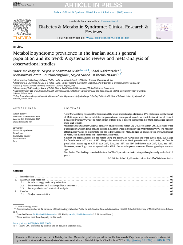 Pdf Metabolic Syndrome Prevalence In The Iranian Adults General