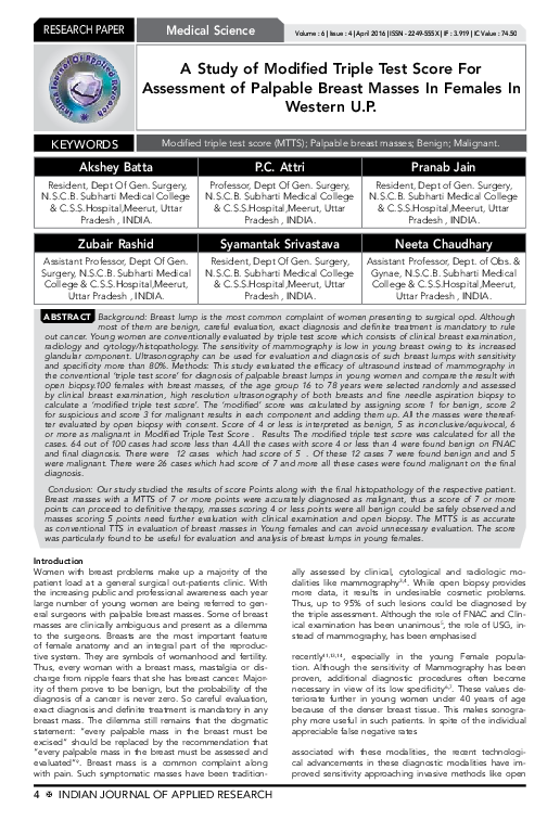 (PDF) A Study of Modified Triple Test Score for Assessment of Palpable ...