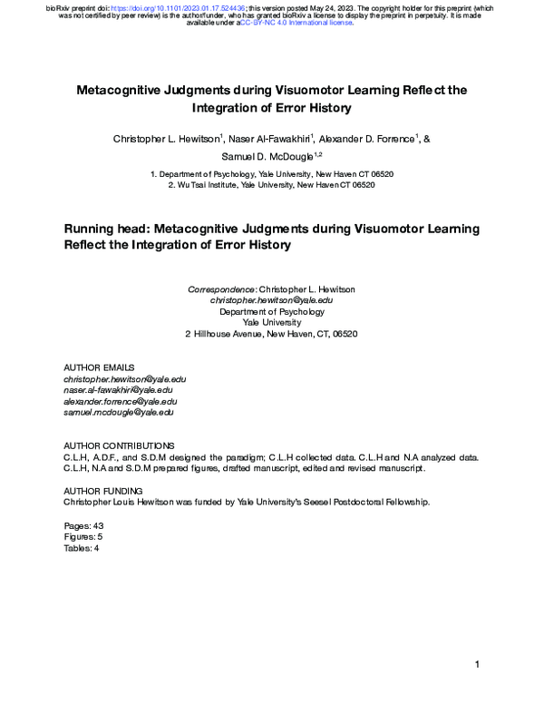 (PDF) Running head: Metacognitive Judgments during Visuomotor Learning Reflect the Integration ...