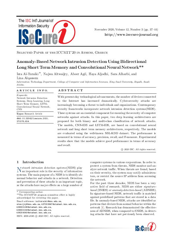 (PDF) Anomaly-Based Network Intrusion Detection Using Bidirectional Long Short Term Memory and ...