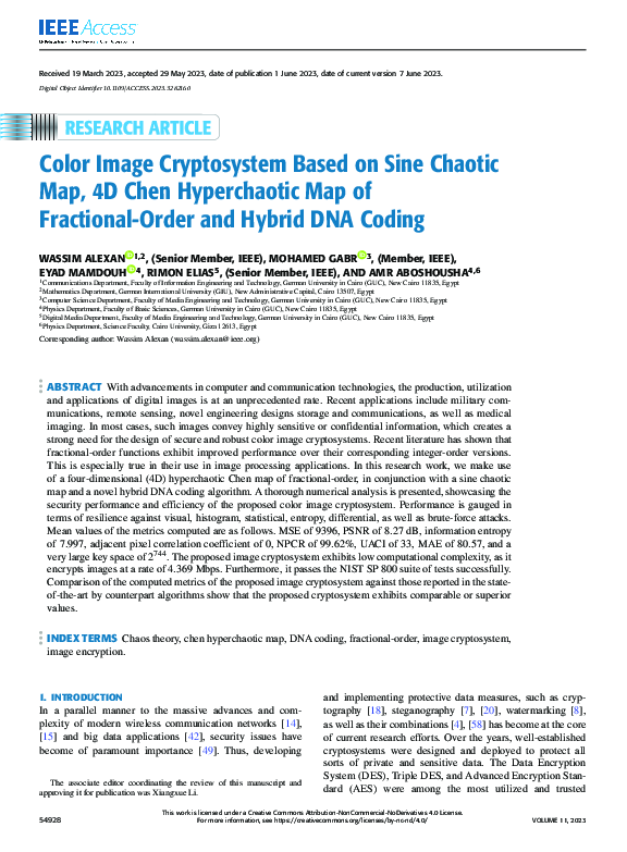 Pdf Color Image Cryptosystem Based On Sine Chaotic Map 4d Chen Hyperchaotic Map Of Fractional