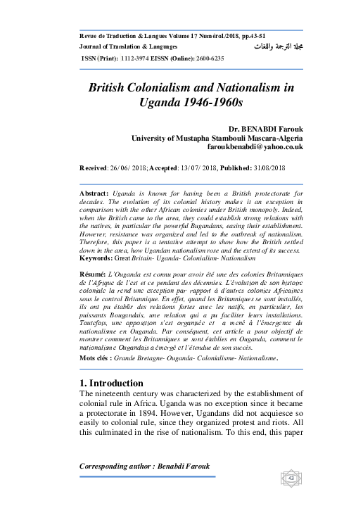 (PDF) British Colonialism and Nationalism in Uganda 1946-1960s