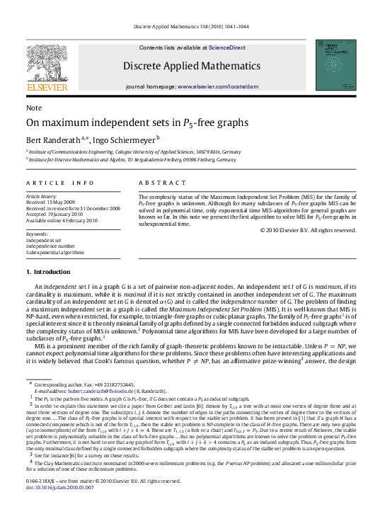 (PDF) On maximum independent sets in P5-free graphs