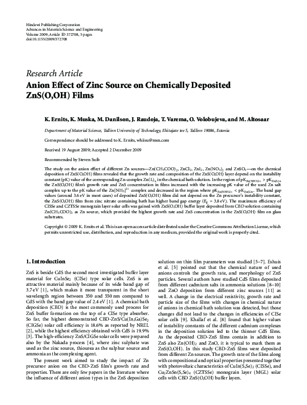 (PDF) Anion Impact on ZnS(O,OH) Film Deposition