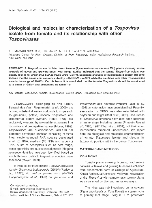 (PDF) Biological and molecular characterization of a Tospovirus isolate ...