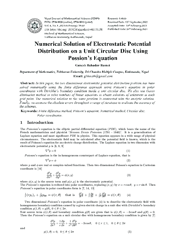 (PDF) Numerical Solution of Electrostatic Potential Distribution on a ...