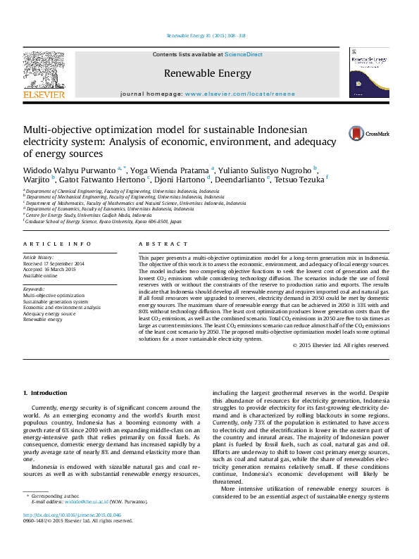 (PDF) Multi-objective optimization model for sustainable Indonesian electricity system: Analysis ...