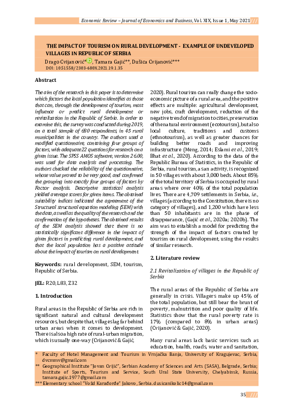 Pdf The Impact Of Tourism On Rural Development Example Of