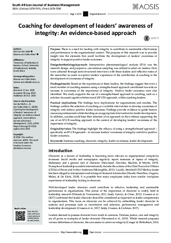 (PDF) Coaching for development of leaders’ awareness of integrity: An ...