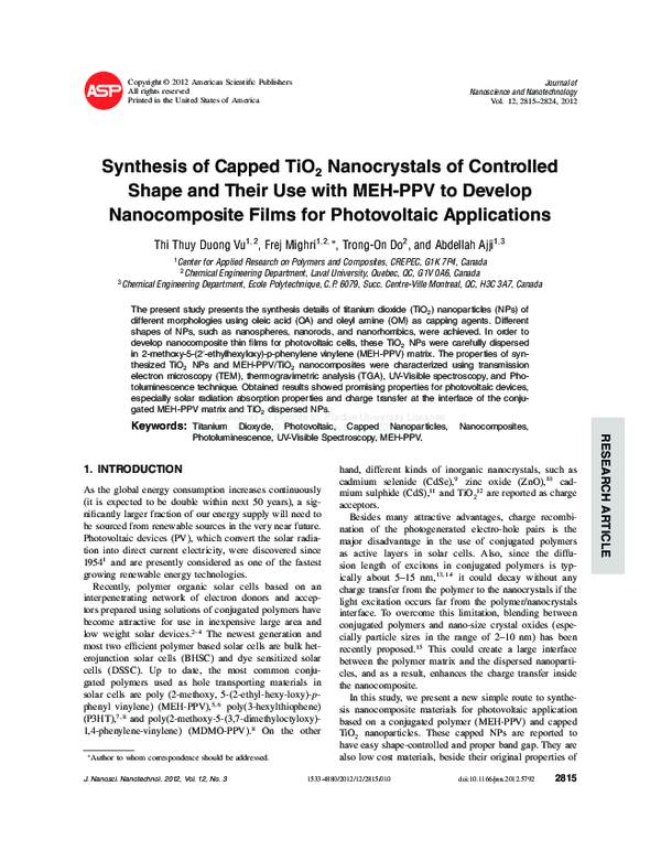 (PDF) Synthesis of Capped TiO2 Nanocrystals of Controlled Shape and Their Use with MEH-PPV to ...