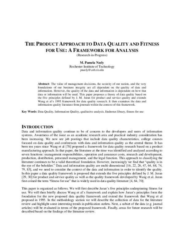 (PDF) The product approach to data quality and fitness for use: a ...