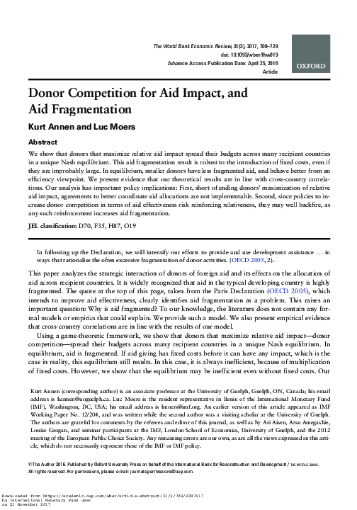 (PDF) Donor Competition for Aid Impact, and Aid Fragmentation