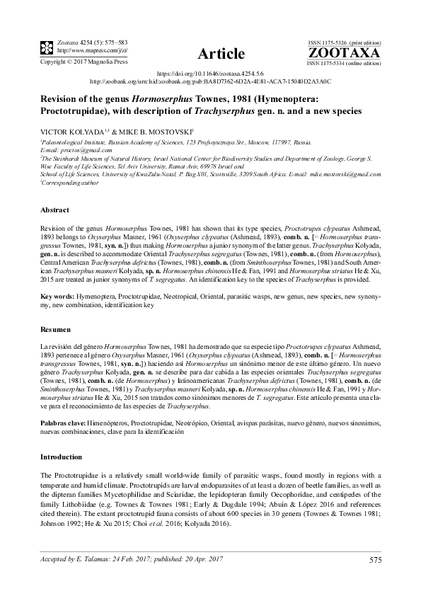 (PDF) Revision of the genus Hormoserphus Townes, 1981 (Hymenoptera ...