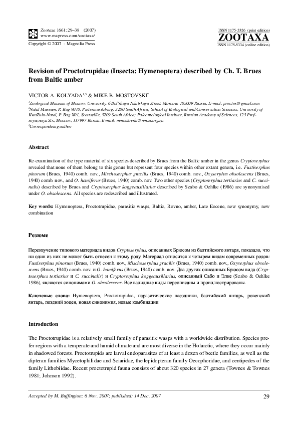 (PDF) Revision of Proctotrupidae (Insecta: Hymenoptera) described by Ch ...