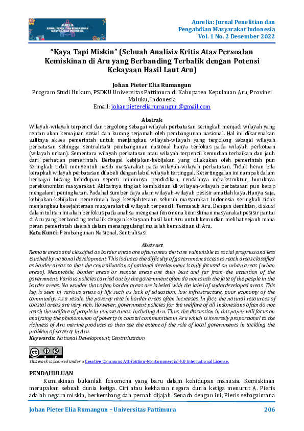 (PDF) “Kaya Tapi Miskin” (Sebuah Analisis Kritis Atas Persoalan Kemiskinan di Aru yang ...