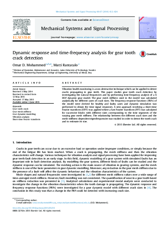 Pdf Dynamic Response And Time Frequency Analysis For Gear Tooth Crack Detection