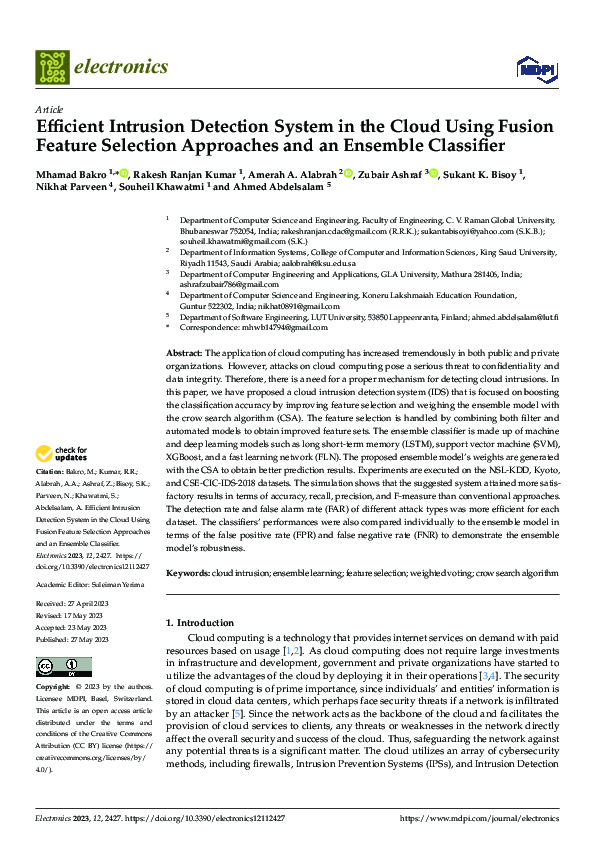 Pdf Efficient Intrusion Detection System In The Cloud Using Fusion Feature Selection